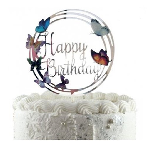 Cake Topper Acrylic Silver Happy Birthday Butterflies - Mins Party Hire ...